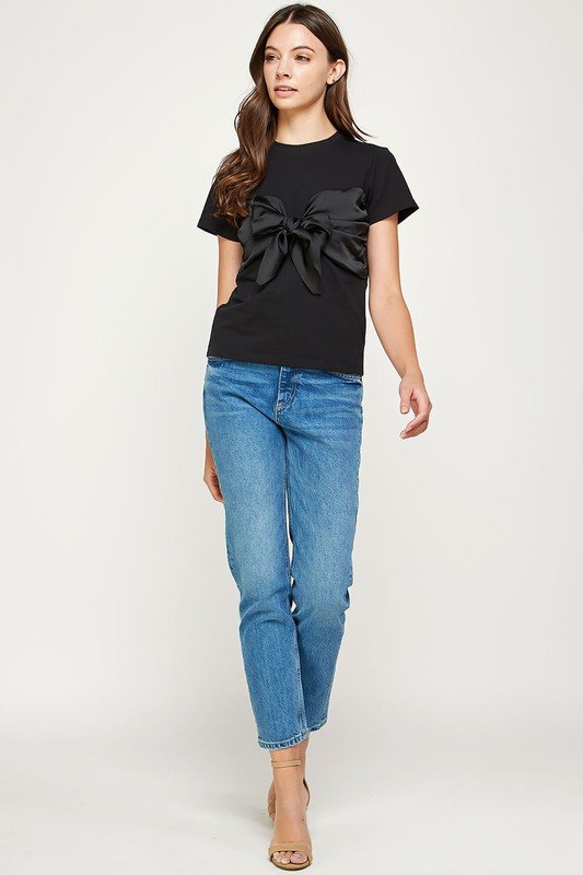 SATIN FRONT TIE T-SHIRT - BLACK - Meraki Boutique